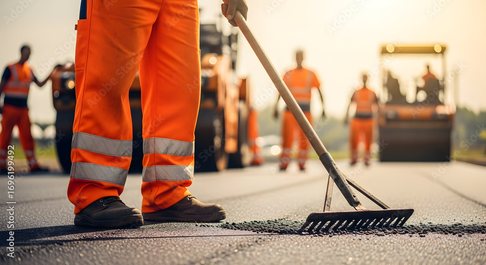 Road construction workers team asphalt paving road maintenance workers ...