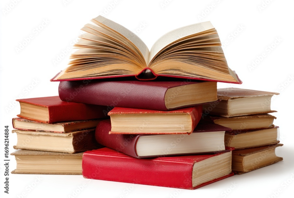 A stack of various closed, bound books with one open book on top, all ...
