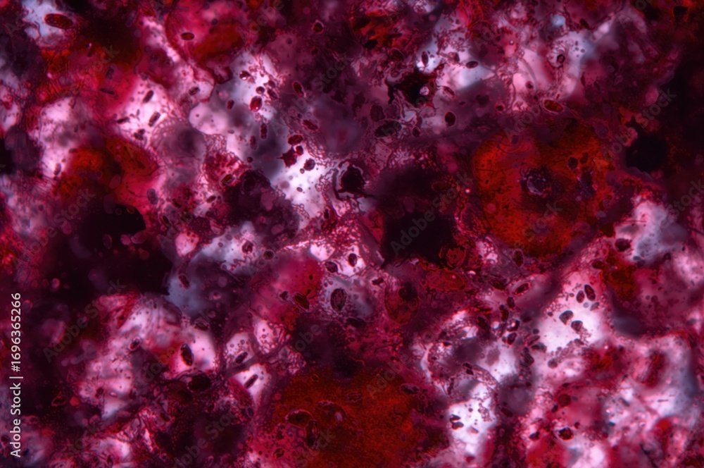 Microscopic view at 100X magnification showing human blood smear ...