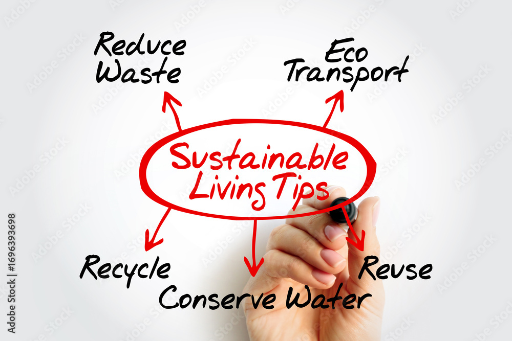 Sustainable Living Tips diagram featuring key eco-friendly practices ...