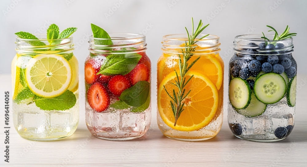 Super HD Realistic Photo of Four Infused Water Variations with ...