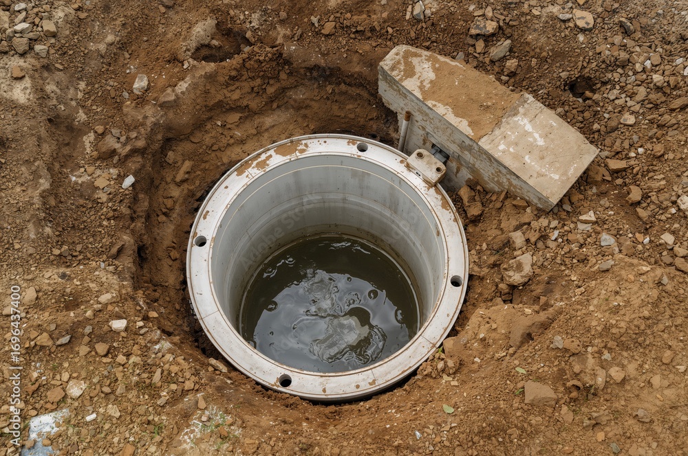 Setting up concrete sewer manholes at a building site using reinforced ...