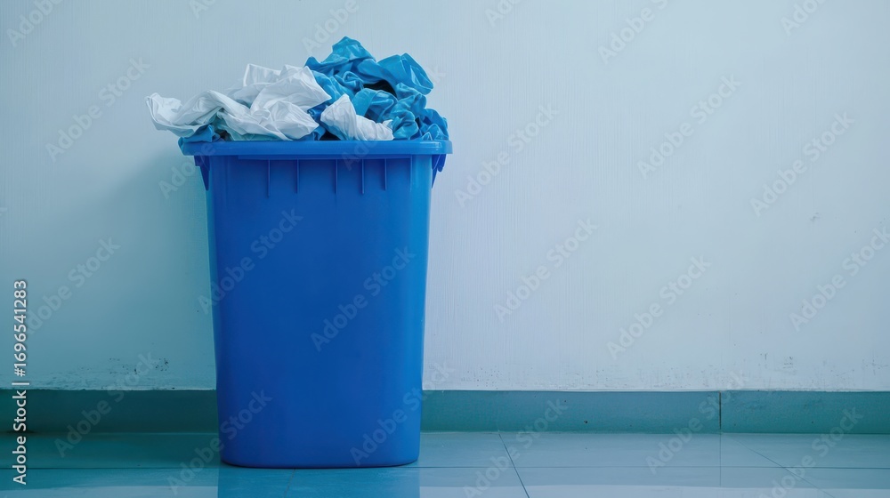 Blue Trash Bin Overflowing with White and Blue Waste Clothes in a Clean ...