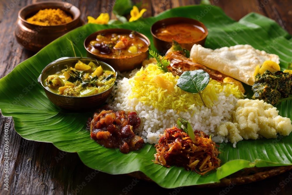 Onam Food. Traditional Onam Sadya Meal served on Banana Leaf with Fried ...