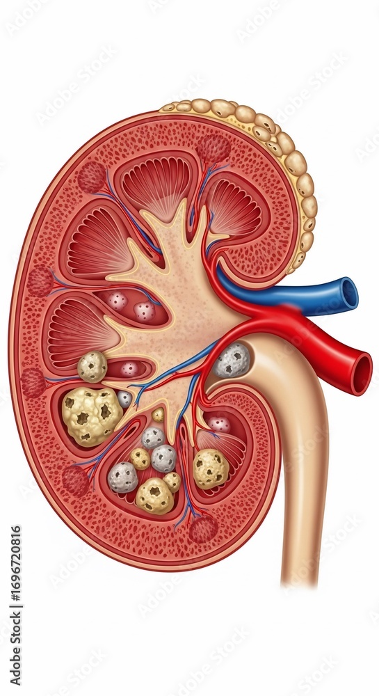 Illustration of a kidney cross section with kidney stones and blood ...