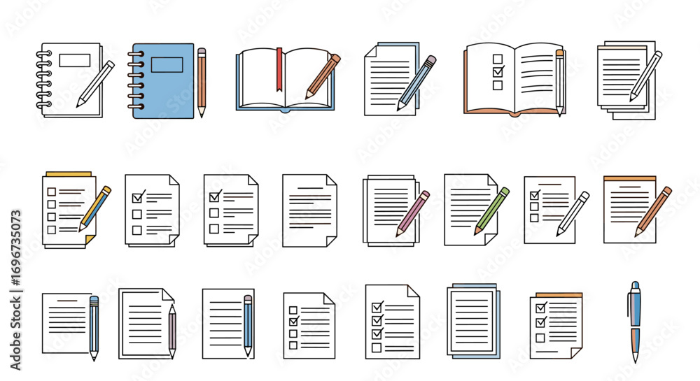 Collection of simple hand drawn icons representing documents notebooks ...
