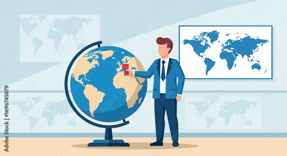 Business Professional Examining Globe and Cartography, Addressing ...