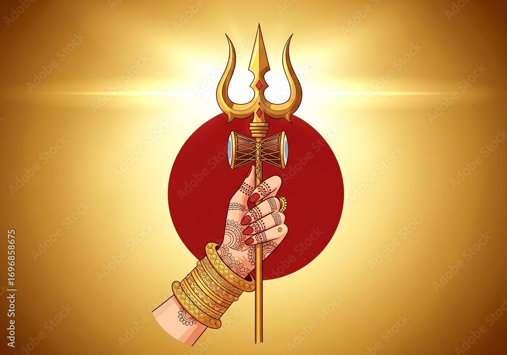 One hand of Goddess Durga and a trident in her hand in gold and deep ...