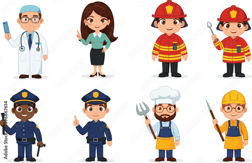 Cute cartoon characters of various professions including doctor ...