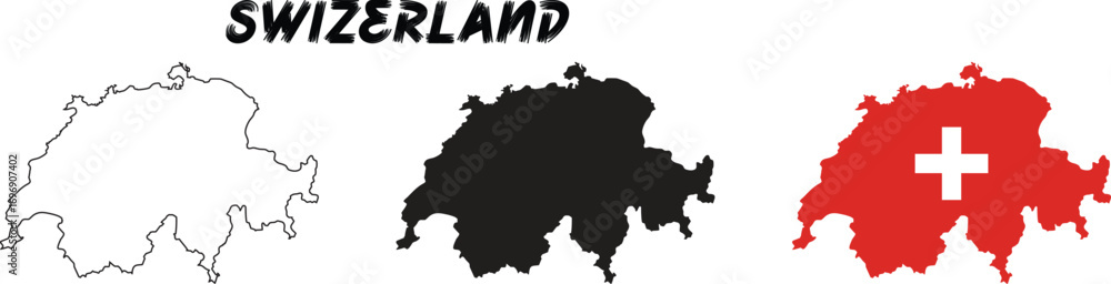 เวกเตอร์ Stock Switzerland map silhouette set with outline, solid black ...