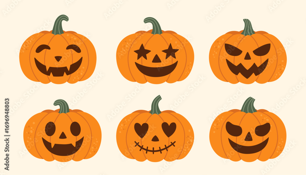 Halloween pumpkins with carved faces and diverse expressions colorful ...