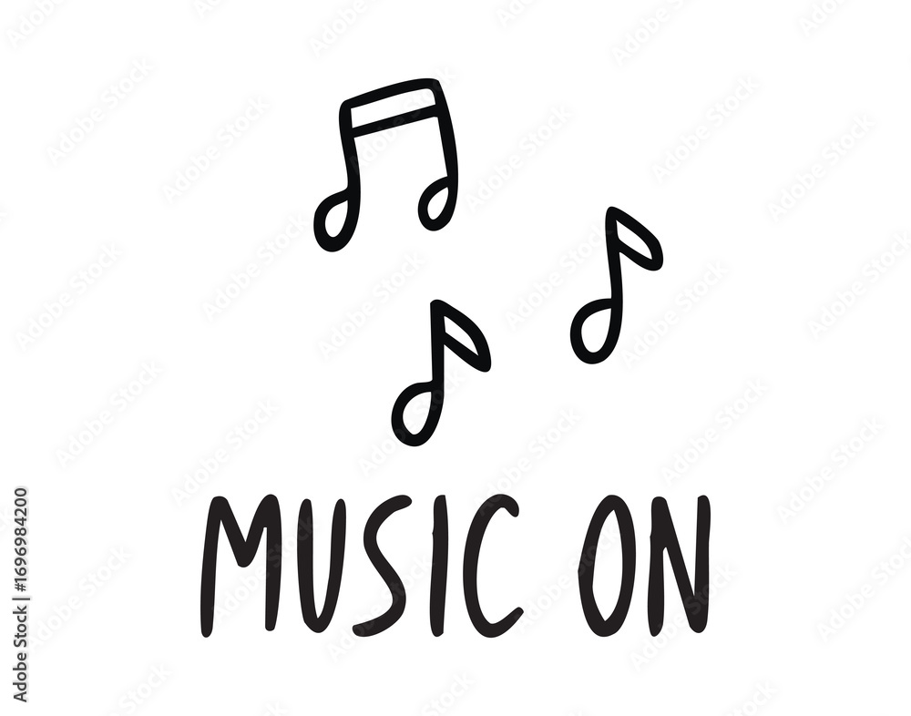 Music on lettering with notes as monochrome line art doodle, clean ...