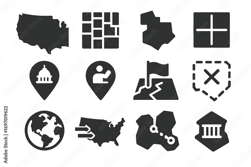 Political Symbols Icons. Solid style icons of political maps and ...