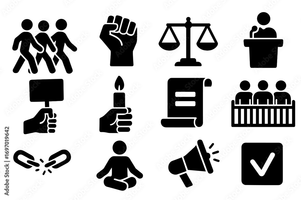 Civil Rights Iconography. Solid style icons of civil rights history ...