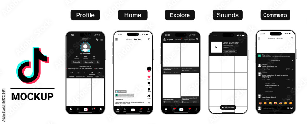 TikTok UI Mockup PNG with Video Frame, Feed Posts, Mobile App Layout ...