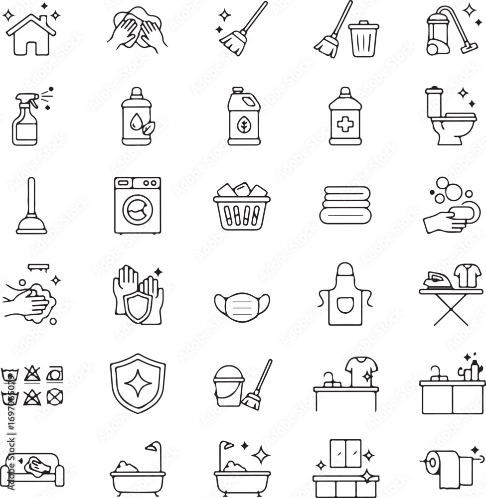 House Cleaning icon set. Housekeeping related line icons: washing ...