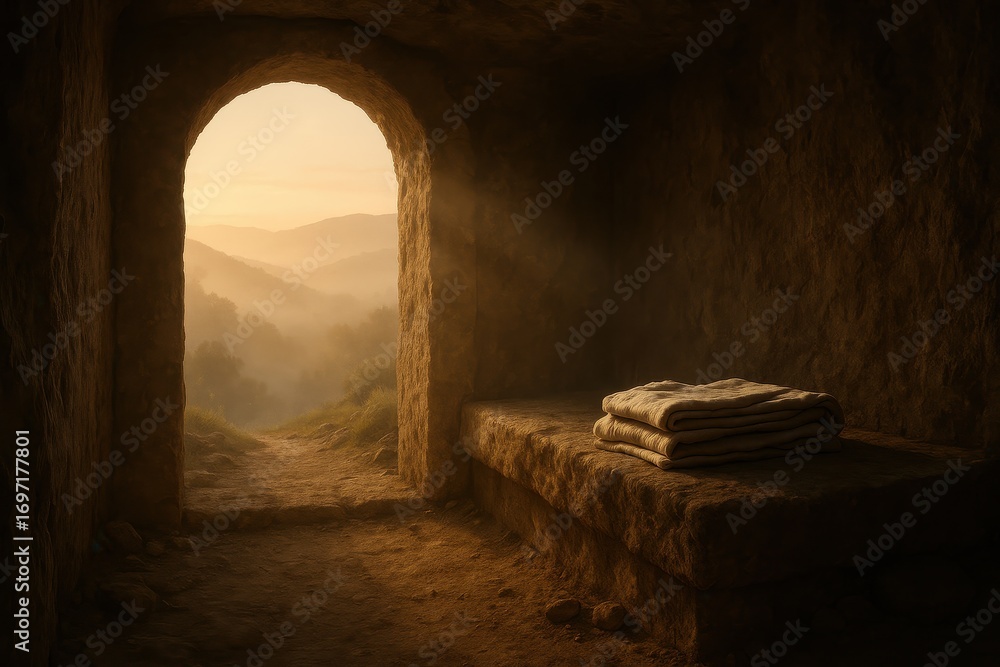 Stock-Illustration „Sunrise reveals empty ancient tomb with folded ...