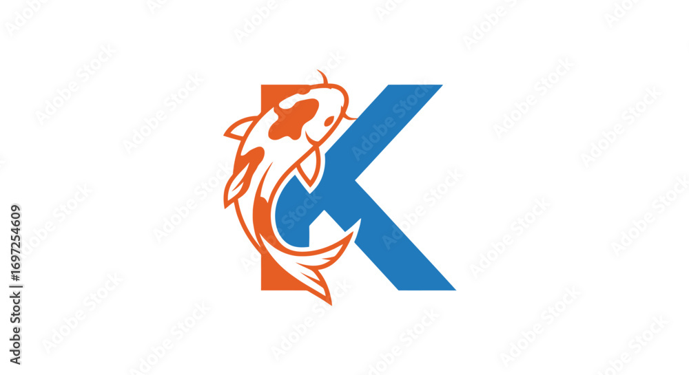 Koi fish swims around a stylized letter K symbol design for branding ...