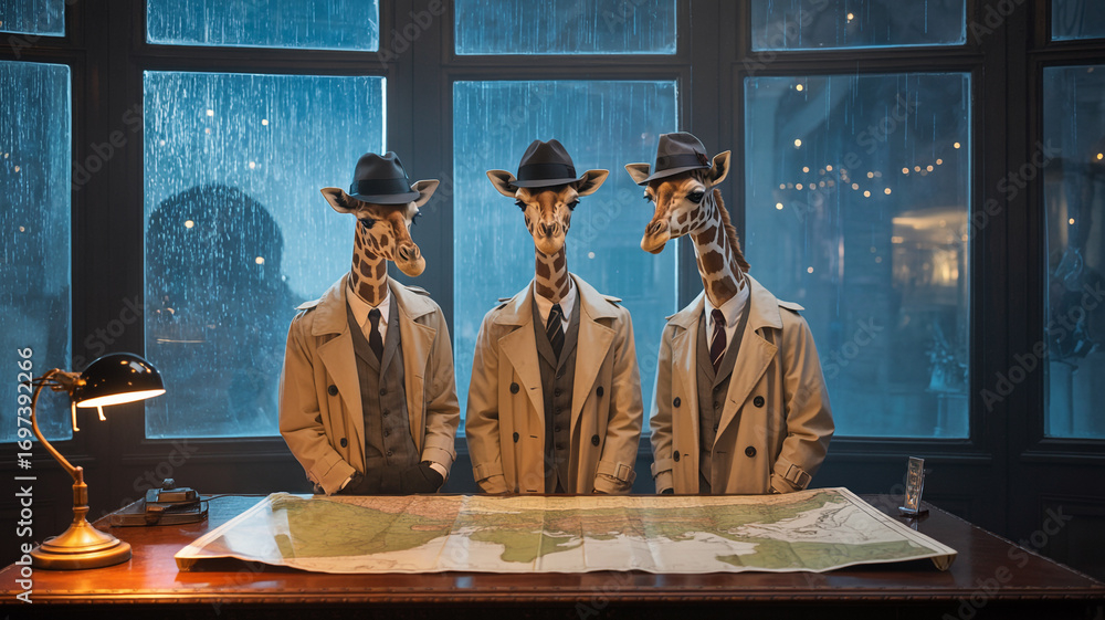 Three giraffes dressed as detectives stand behind a table with a map in ...