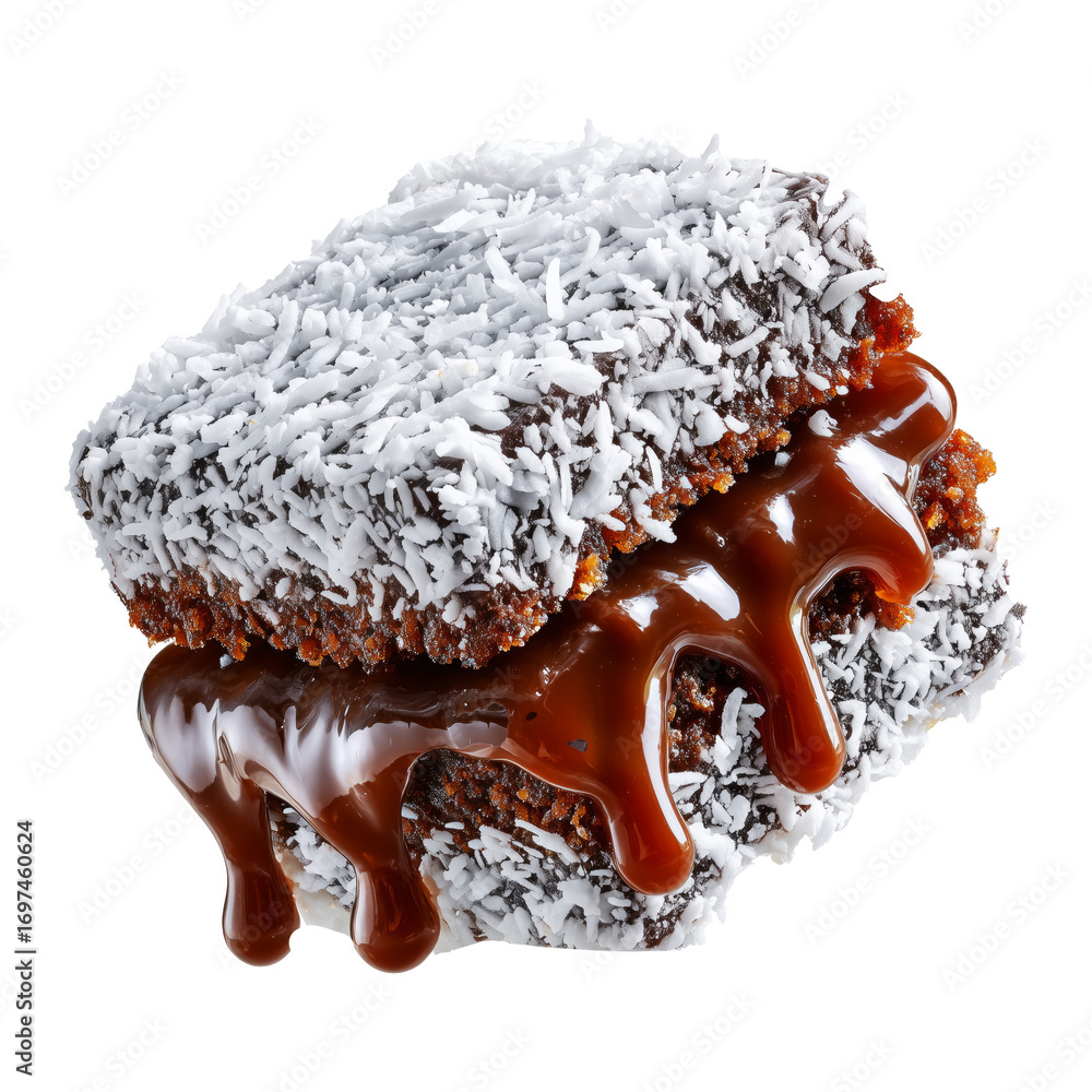 Chocolate-coated sponge lamington sponge cake covered in shredded ...