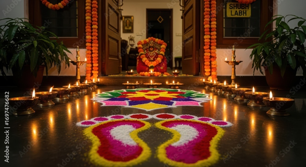 Traditional indian rangoli decoration with diyas and lakshmi feet for ...