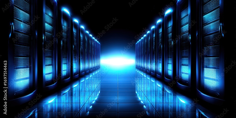 Bright blue servers line a dark room, showcasing modern data center ...