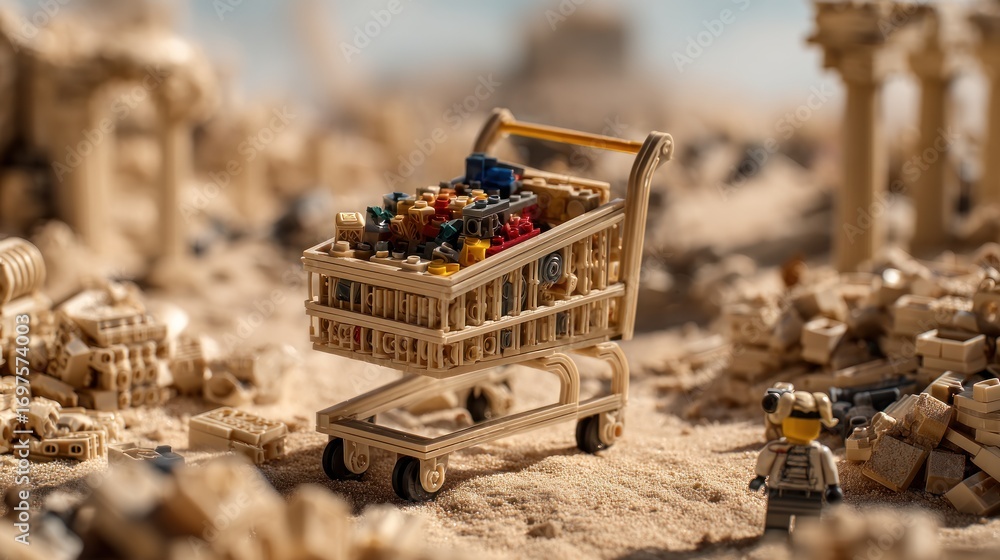Mini toy shopping cart, filled with blocks, amidst a tan-colored ...