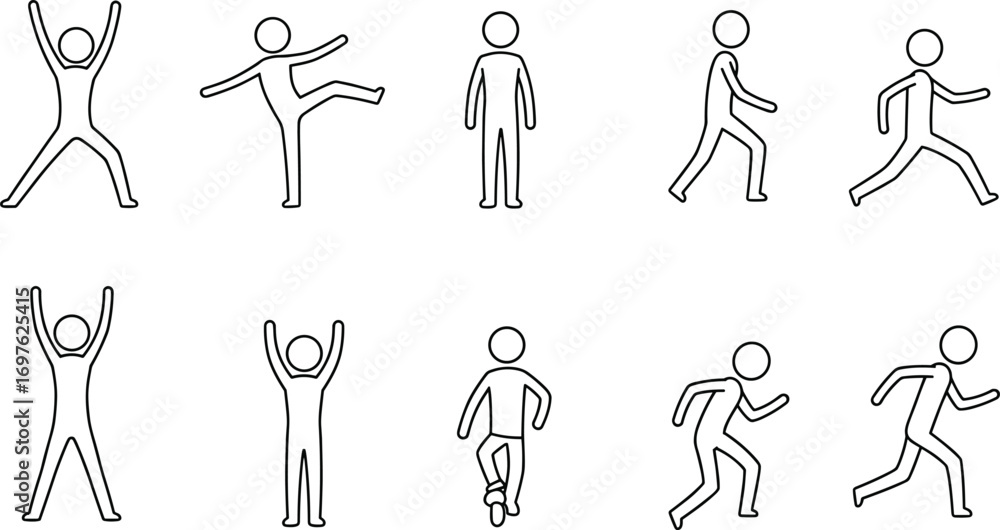 Ten Outline Icons of Stick Figures in Various Poses and Movements ...