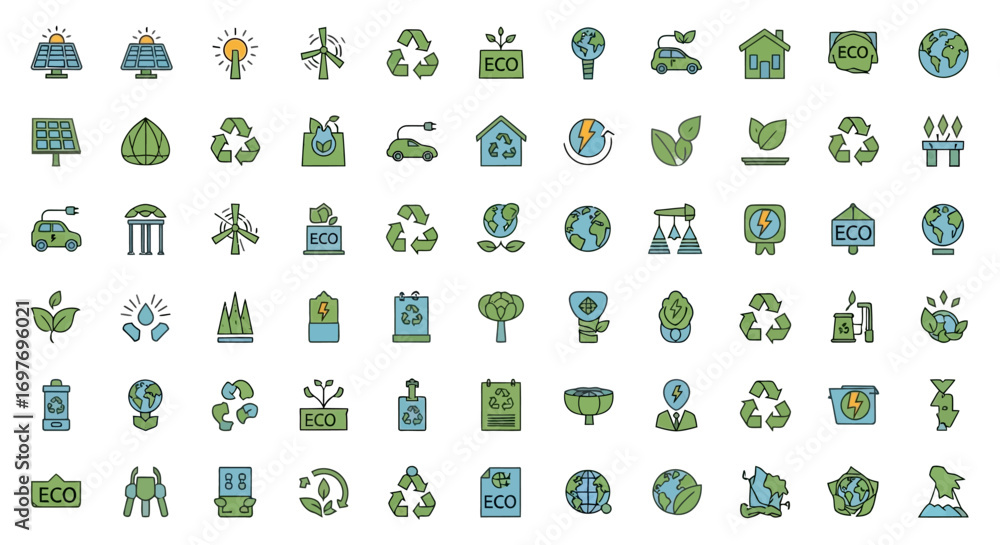 Collection of eco-friendly icons depicting sustainability, renewable ...