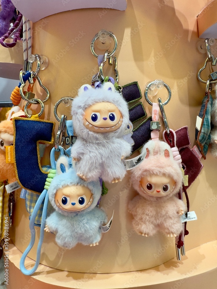 Portland, OR - September 10, 2025. Three "Pin for love" Labubu monster ...