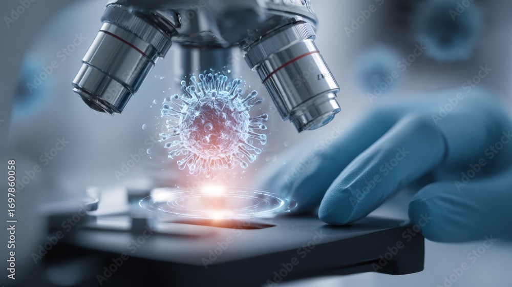 Microscope examination of virus cell in scientific research laboratory ...