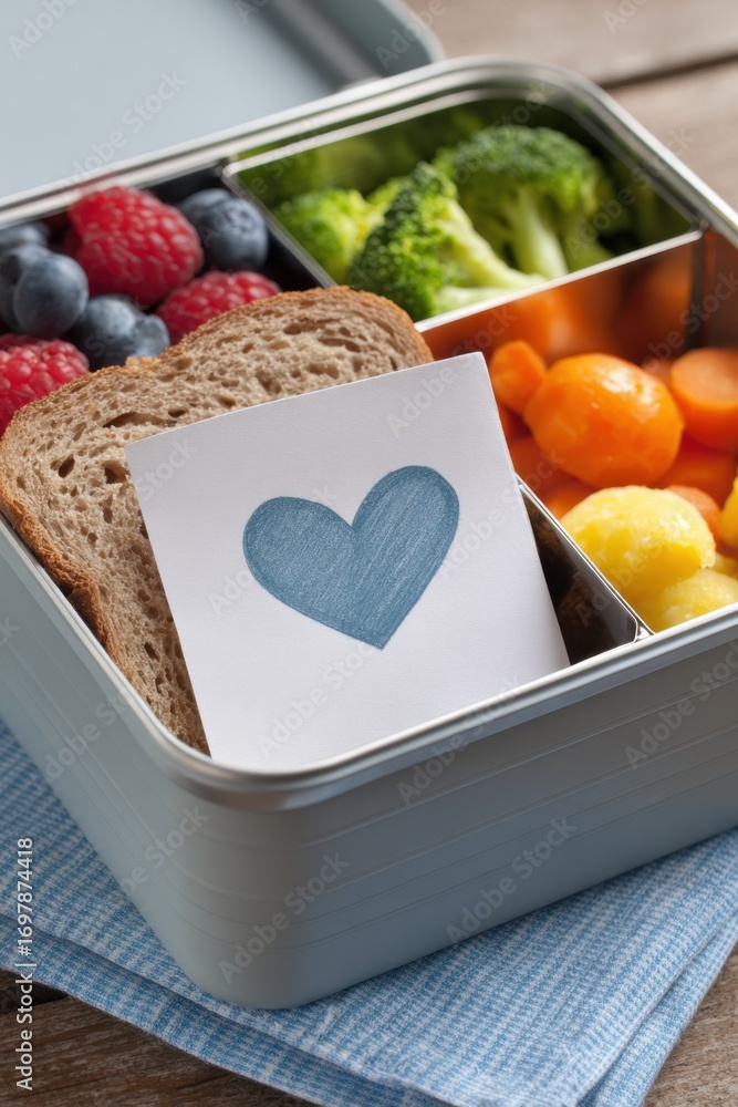 Heartfelt note in a healthy lunchbox with fruits, vegetables, and bread ...