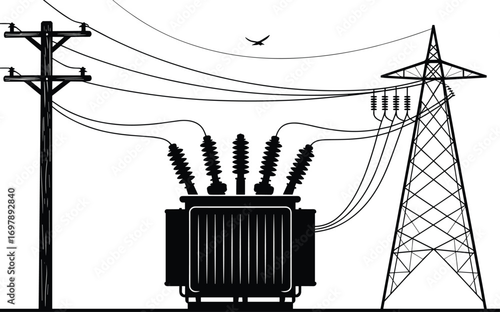 Electric power substation transformer with high voltage tower, energy ...