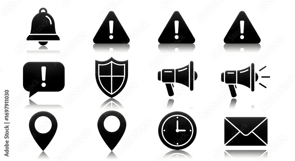 Alerts & Warnings: A minimalist array of black alert and warning icons ...