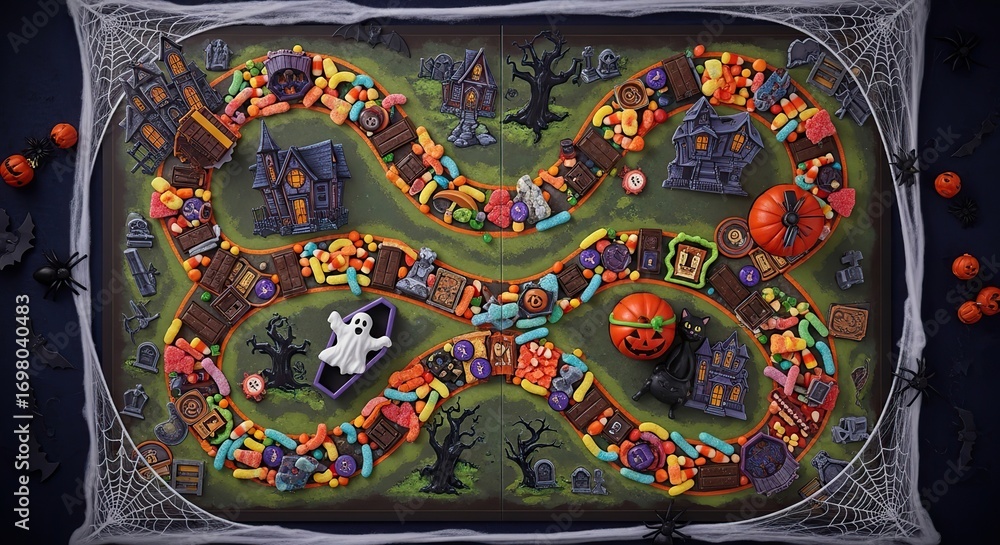 Spooky candy board game path with haunted houses, ghosts, and pumpkins ...