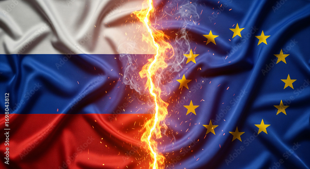 Russia And EU Flags Split Canvas With Burning Crack Dividing Sides Full ...