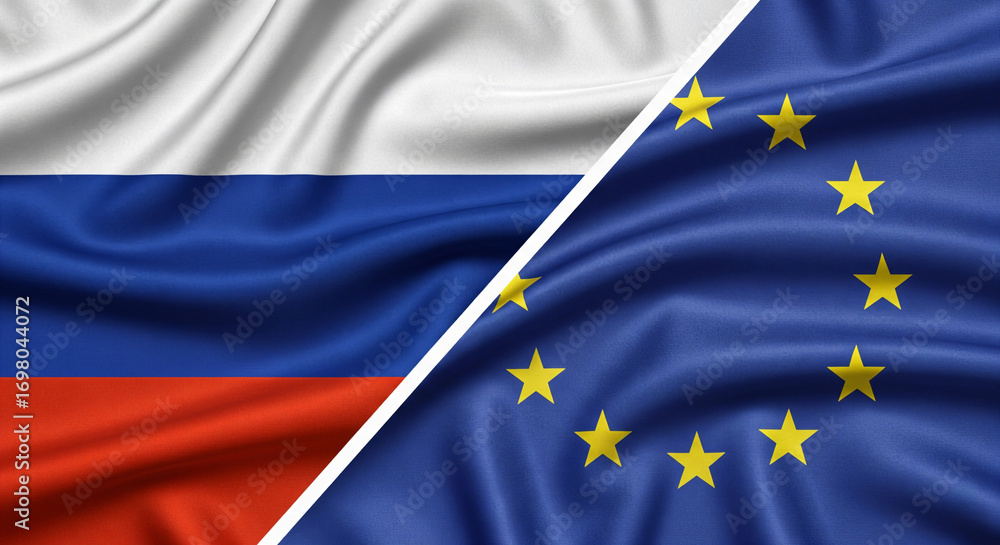 Russia And EU Flags Diagonal Split Conflict With Dramatic Fabric Folds ...