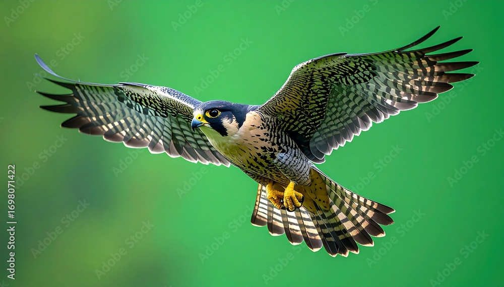 Halcón de Eleonor (Falco eleonorae) en pleno vuelo, alas extendidas ...