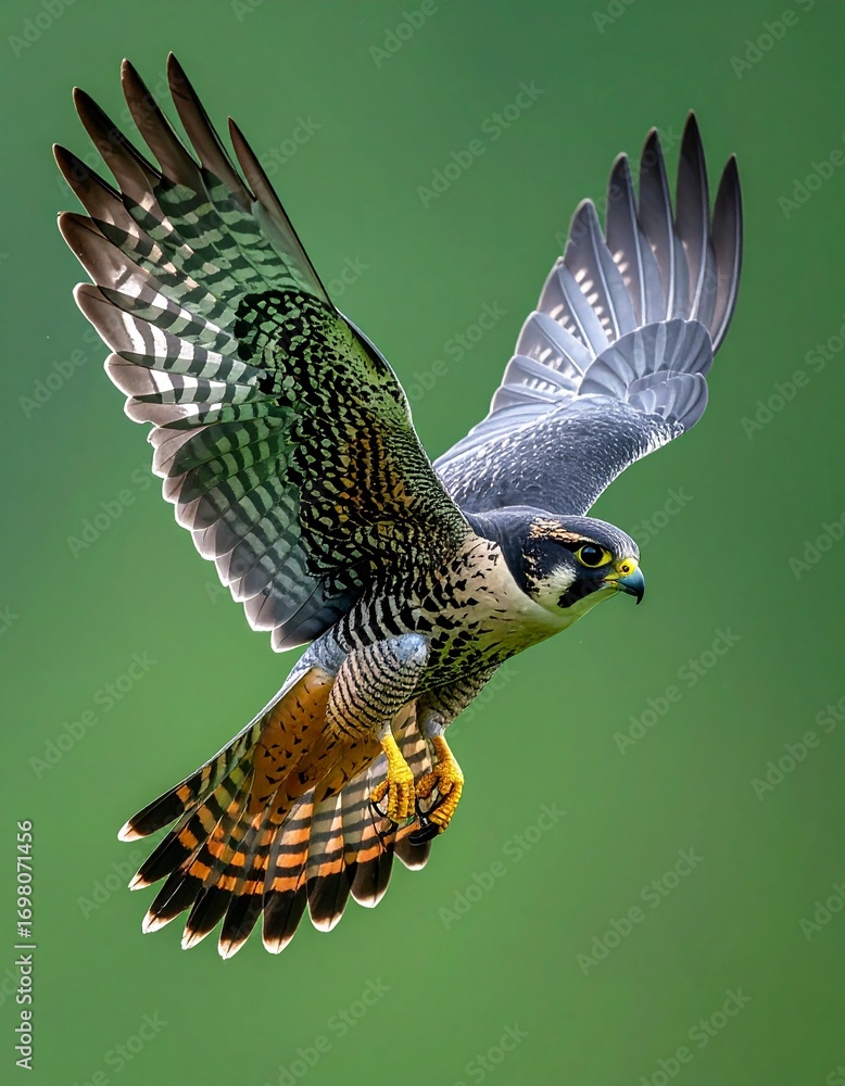 Halcón de Eleonor (Falco eleonorae) en pleno vuelo, alas extendidas ...