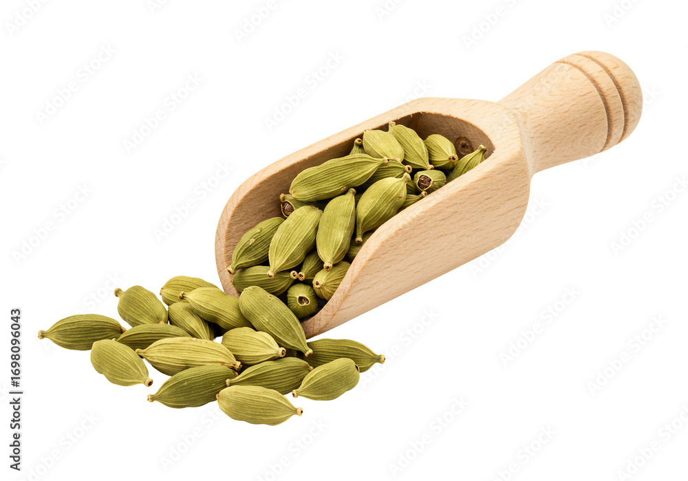 Green cardamom pods in wooden scoop spice ingredient food photography ...