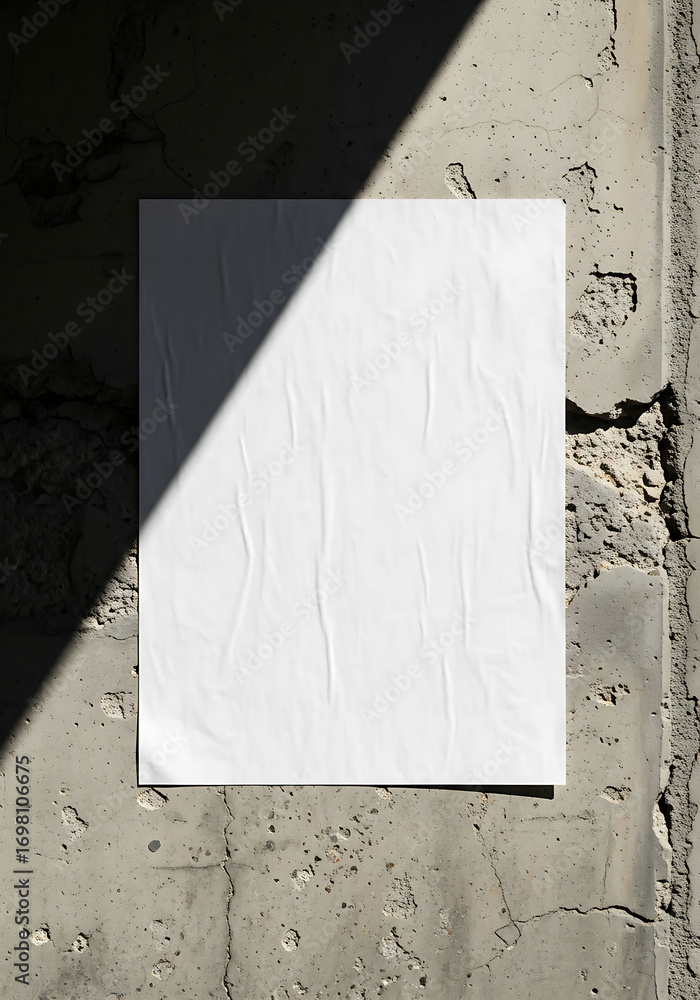 Blank white wrinkled paper poster with a creased texture and a sharp ...