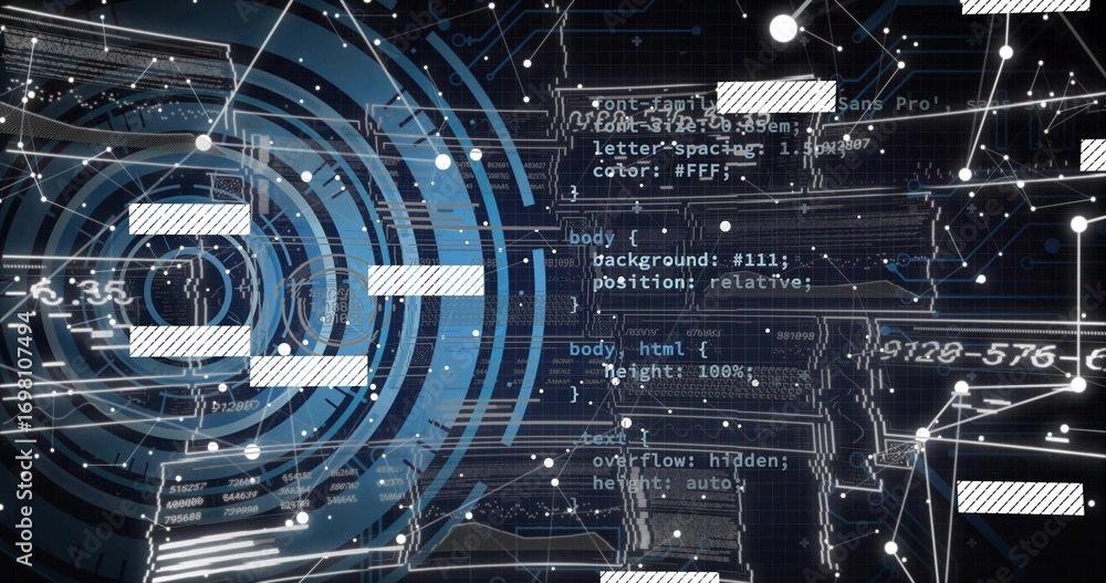 Displaying concentric blue HUD interface on left side of dashboard, with CSS snippets and nodes ...
