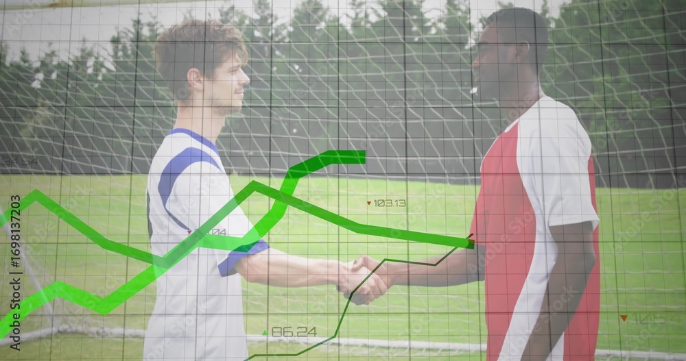 Shaking hands soccer players in jerseys chatting on grass field, with ...