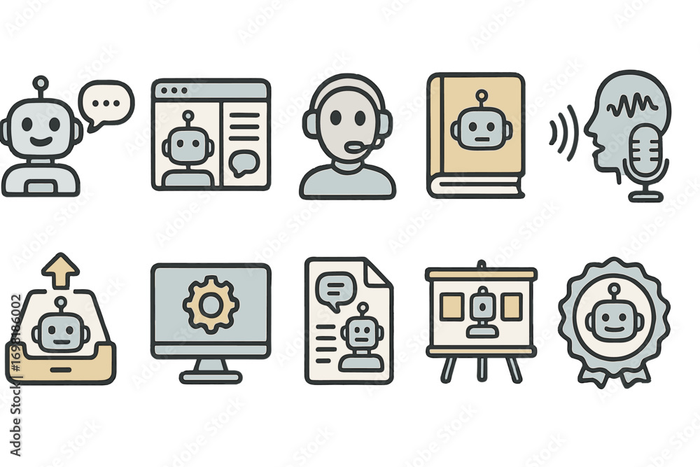 Chatbot and ai outline icon set. robot face, voice, headset ...