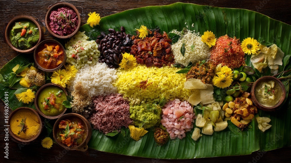 Kerala Onam Sadya Complete Vegetarian Thali Banana Leaf Serving Stock ...