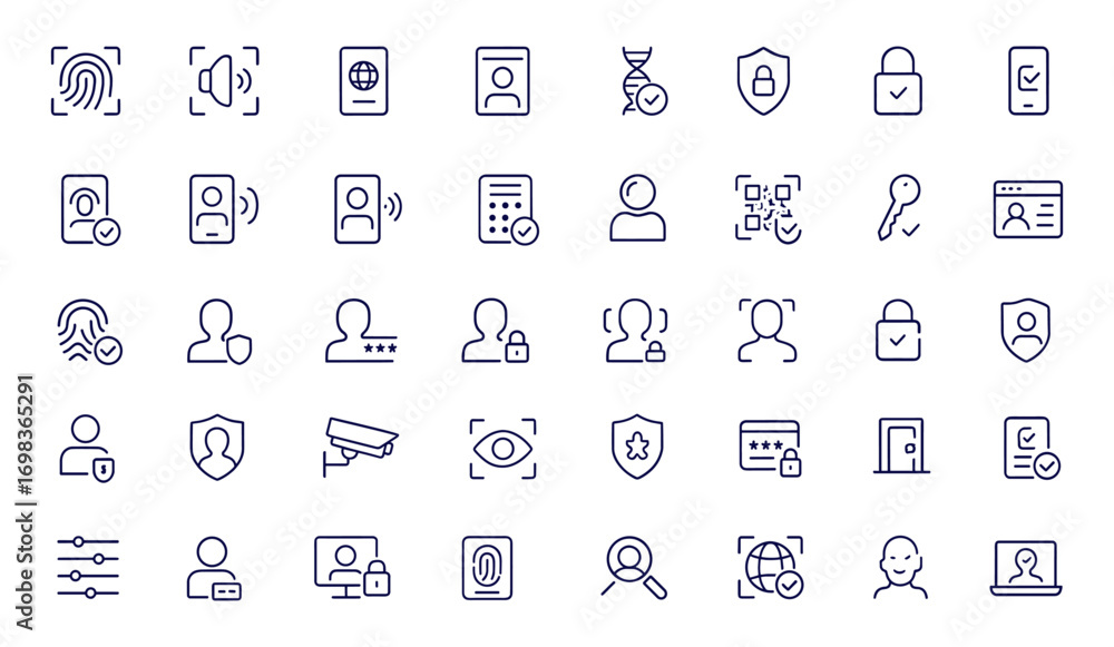 Identity verification icon set, biometric fingerprint, face recognition, voice authentication ...