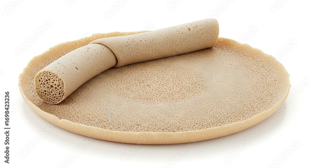 Injera a spongy flatbread is coiled on a plate The porous texture of ...