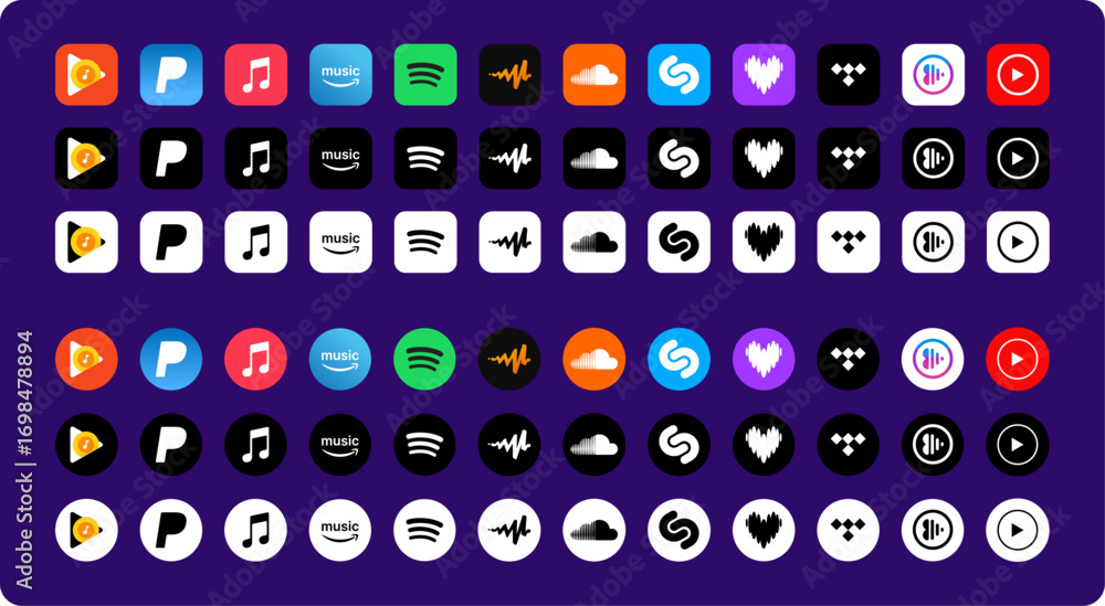 Popular music streaming apps logo icon set 2025. Spotify, Apple music ...