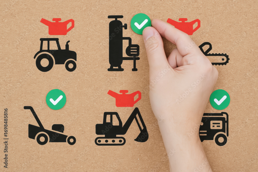 Hand placing green check mark over equipment oil maintenance icons oil ...
