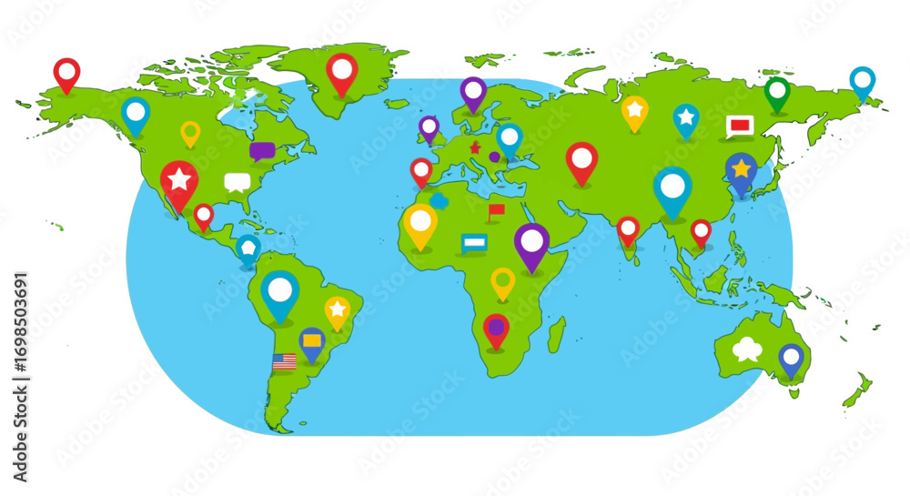 World Map with Location Pins for Travel and Global Concepts. Stock ...